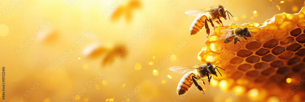 Three bees are flying around a honeycomb. The honeycomb is yellow and ...