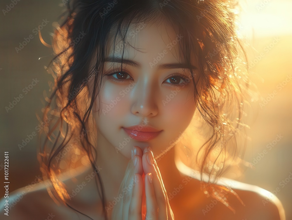 calm asian woman in a meditative pose, hands folded in prayer ...