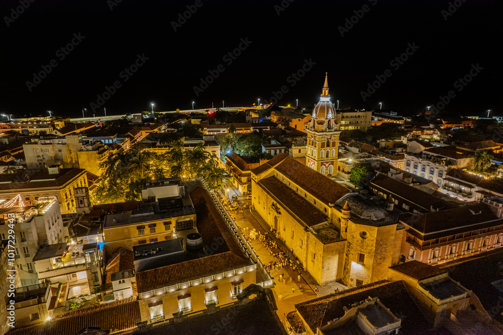Beautiful Aerial view of the walled city of Cartagena de Indias in ...