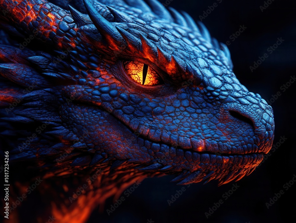 fierce fire dragon head emerging from a dark abyss, intricate scales ...