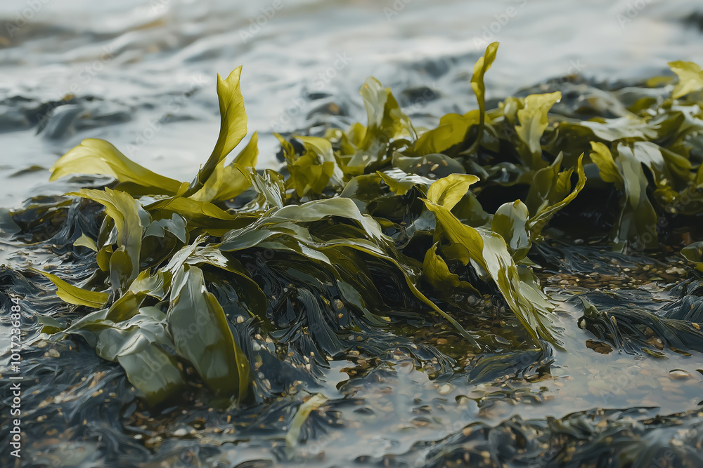 Laminaria seaweed growing along a coastal shoreline in natural ocean ...