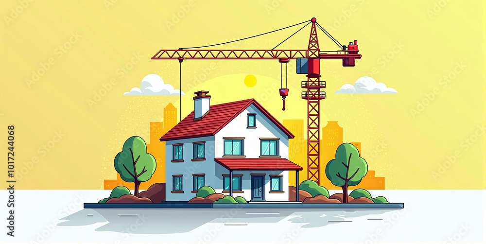 Illustrative graphic depiction of an house construction site, creation ...