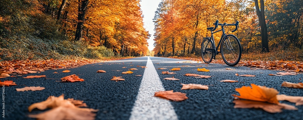 Autumn road featuring a marked bicycle lane surrounded by fall foliage ...
