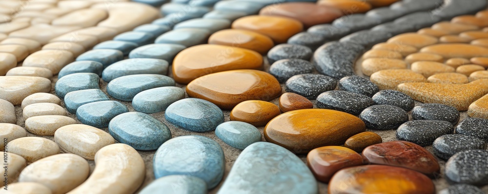 A table surface covered with an array of stones and pebbles ...
