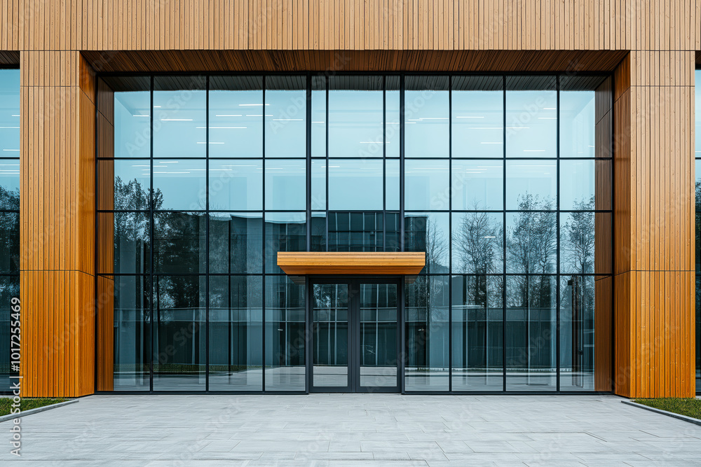 Modern commercial building facade with large glass windows and wooden ...