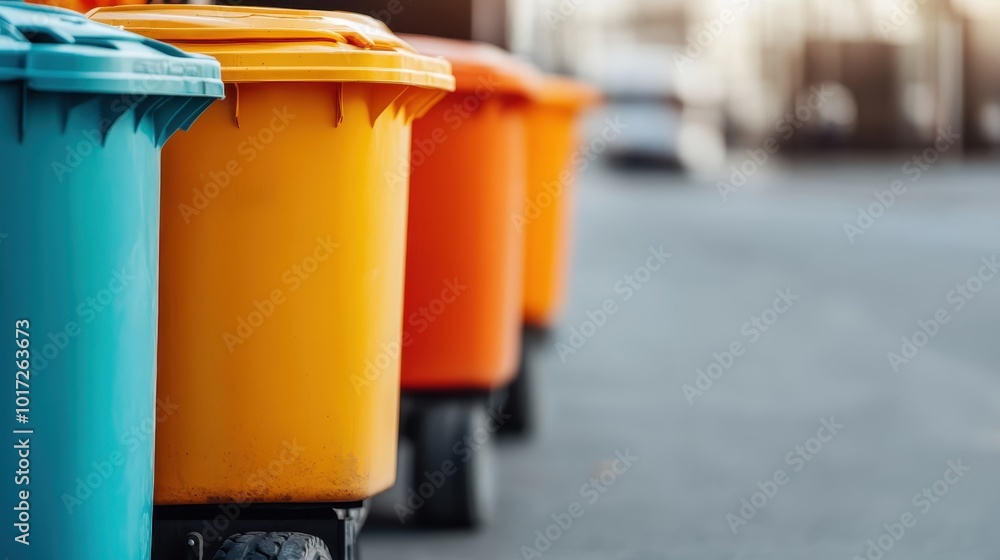 Colorful trash bins are arranged in a neat line representing the modern ...