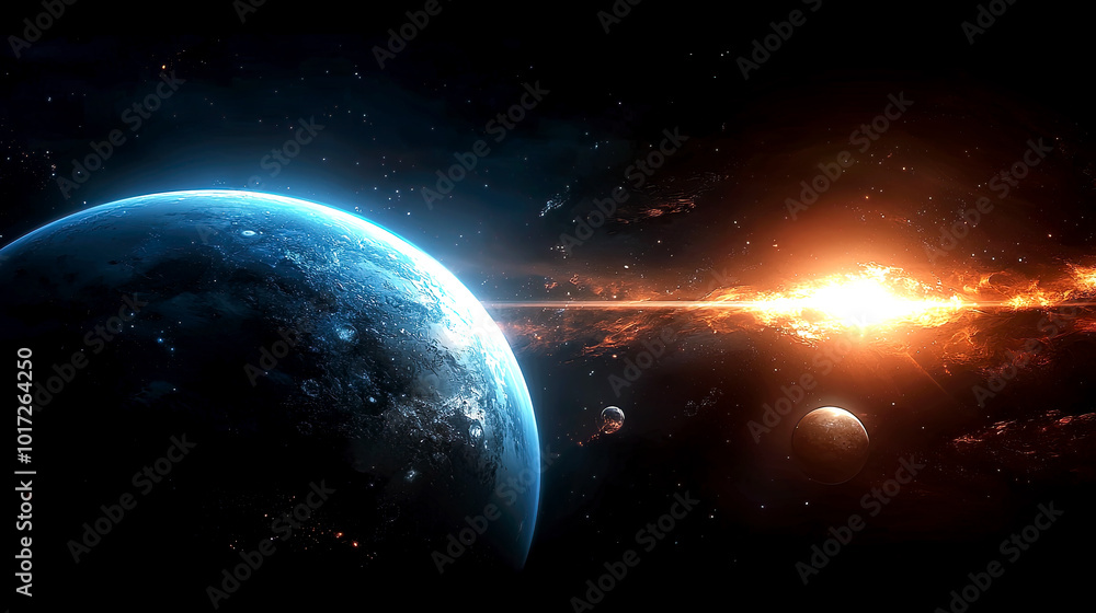 Earth-like planet with moons in deep space with an exploding supernova ...