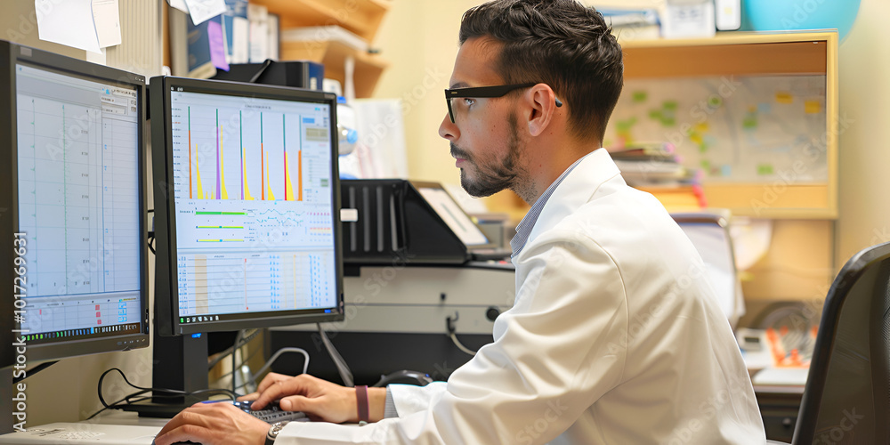 "Doctor Reviewing Medical Data on Dual Monitors in Research Facility ...