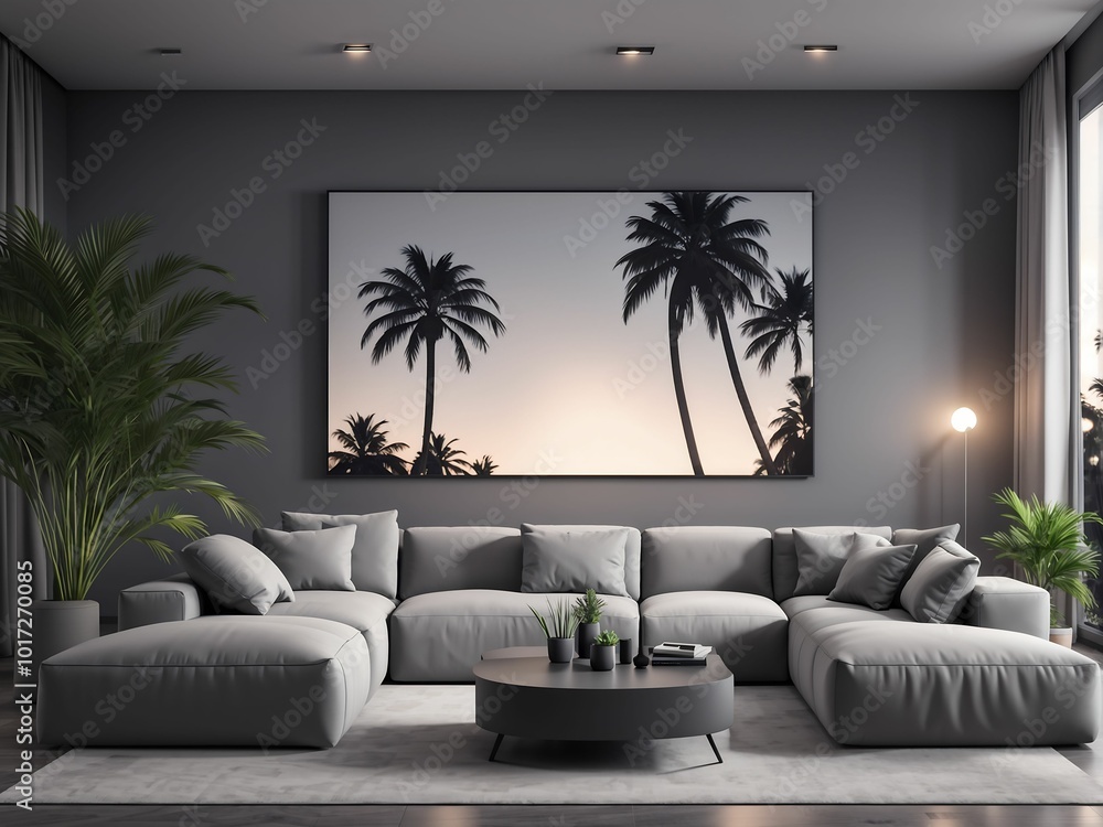 Modern grey minimalist interior livingroom with large gray modular sofa ...
