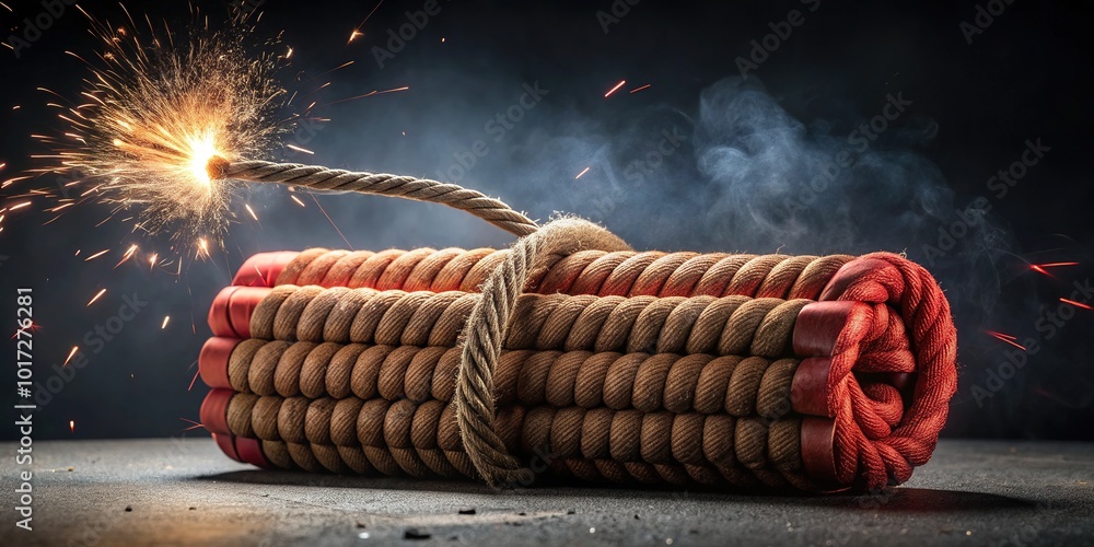 Coiled detonator cord wrapped around a stick of dynamite, preparing for ...