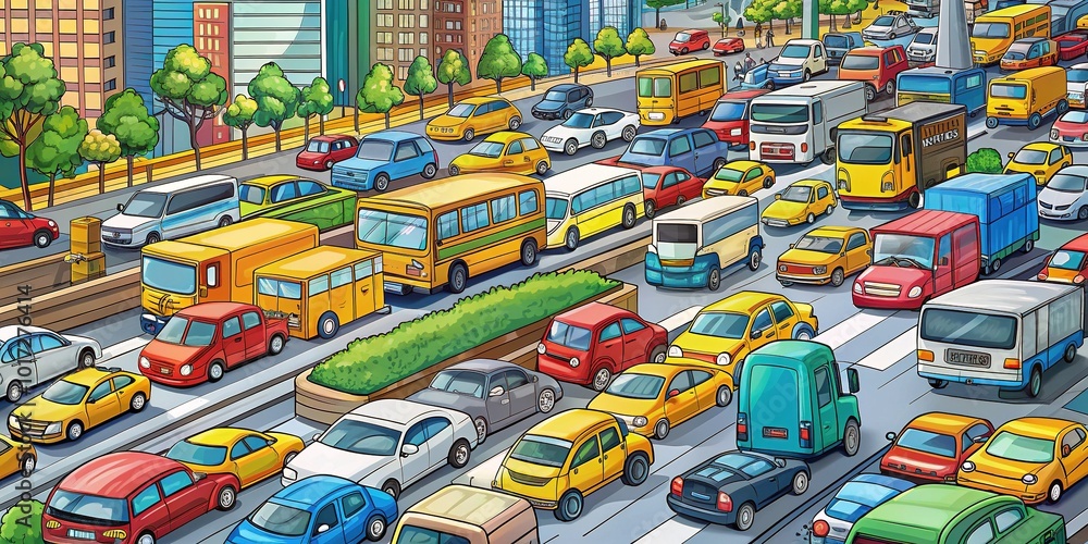 Colorful hand-drawn illustration of chaotic city street scene with cars ...
