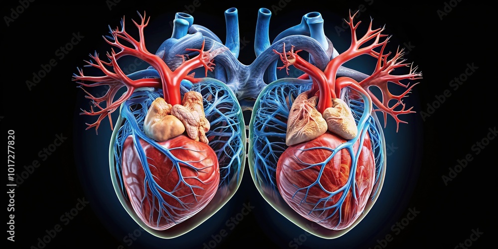 Illustration of a human heart with its four valves (tricuspid ...