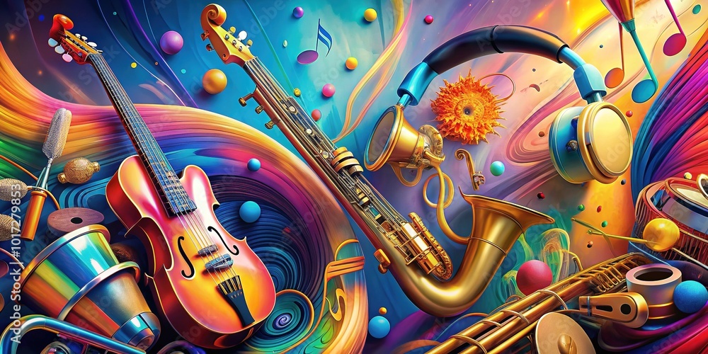 Vibrant collage of musical instruments, notes, and headphones on a ...