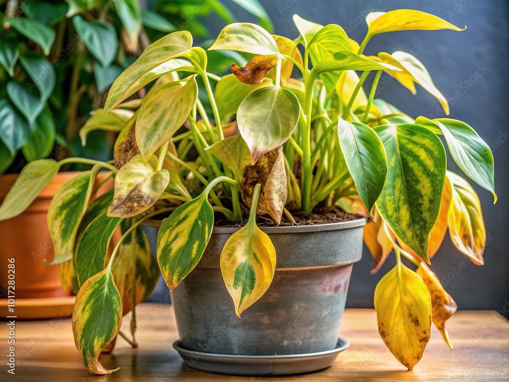 Yellowing leaves and weak stems on a wilting houseplant indicate ...