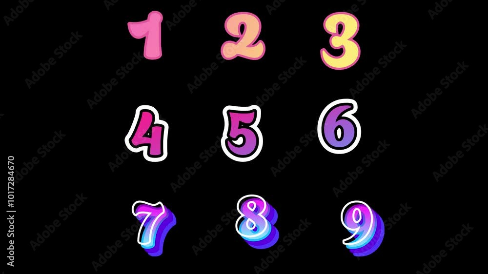 Numbers 1 to 9 with moving numbers colorful black background 4k ...