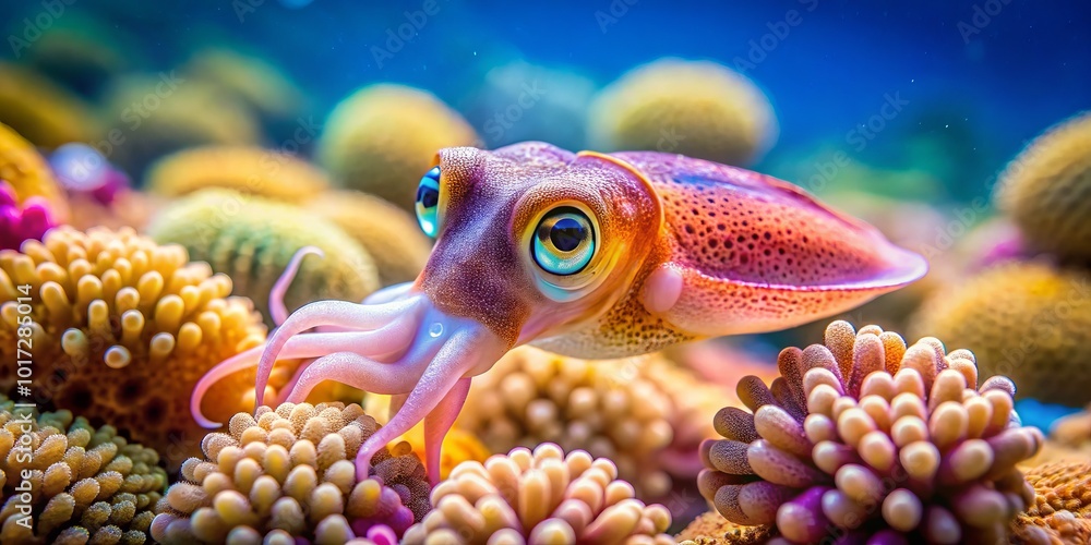 Vibrant coral reefs cradle a charming tiny squid baby as it swims ...