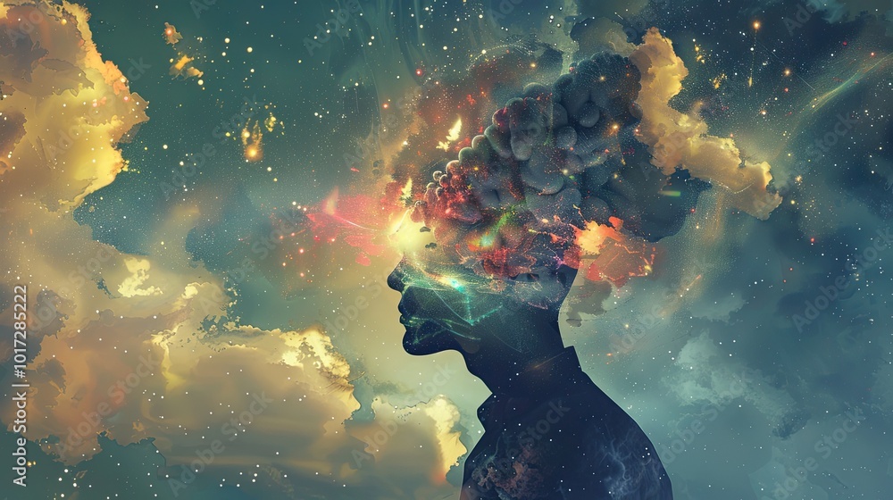 Silhouette amidst cosmic clouds visualizing mind expansion representing ...