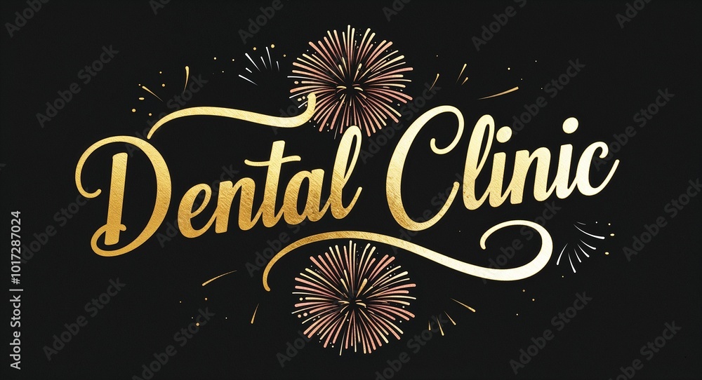 dental clinic calligraphic gold lettering with fireworks on plain black ...
