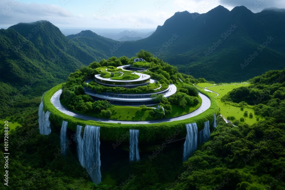 Fantasy depiction of a floating city designed with waterfalls, green ...
