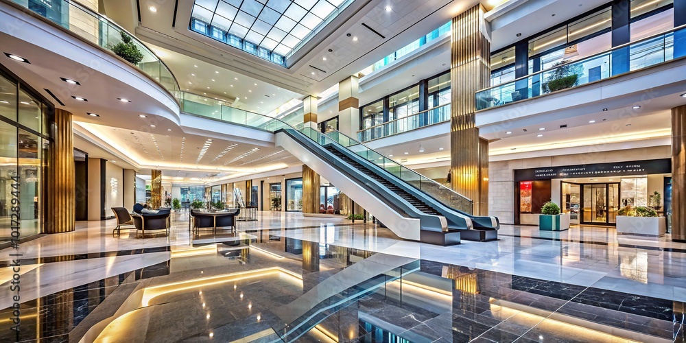 Brightly lit modern shopping mall interior with sleek marble floors ...