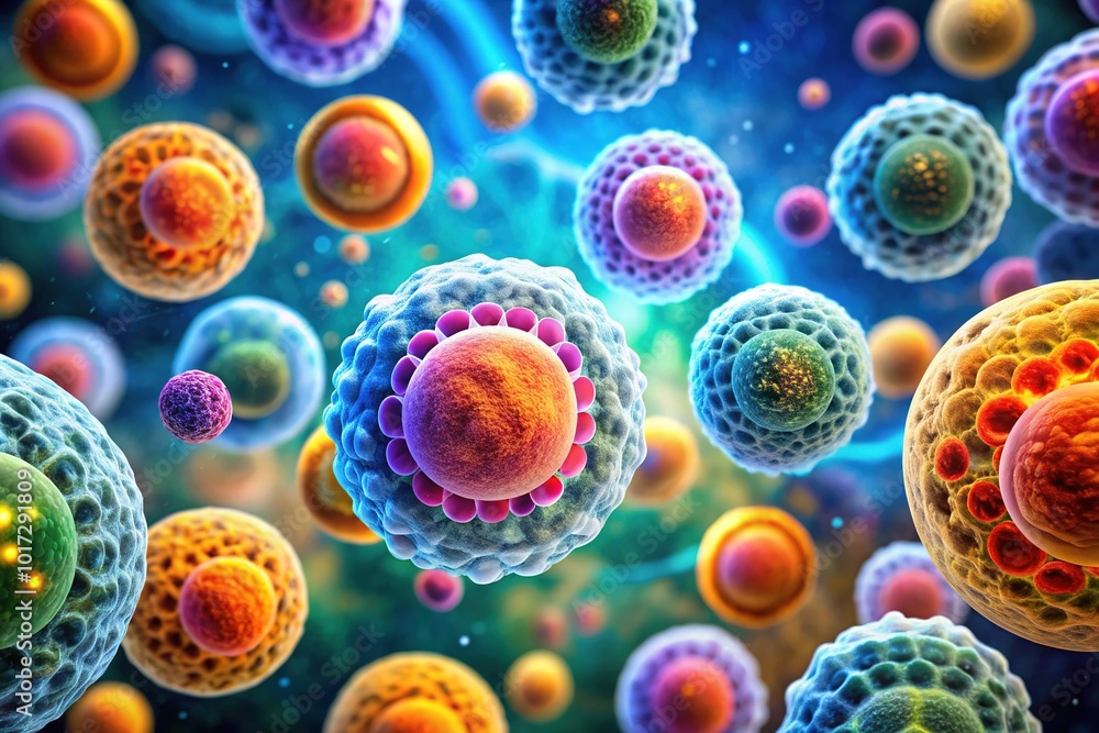 Colorful microscope view of stem cells in various stages of development ...