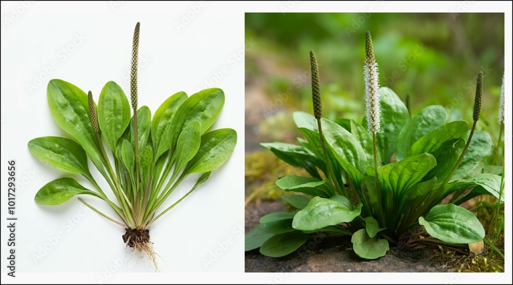 Root system of plantain. Plantain leaves with root, leaves and flower ...