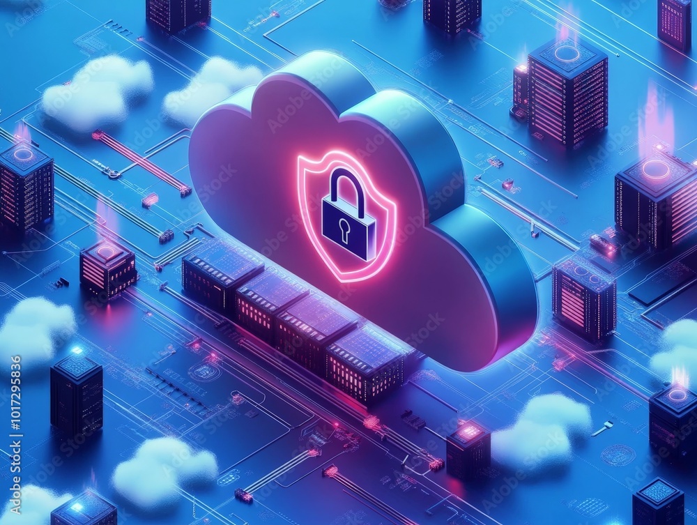 Cloud security illustrated with a large lock and shield icon ...