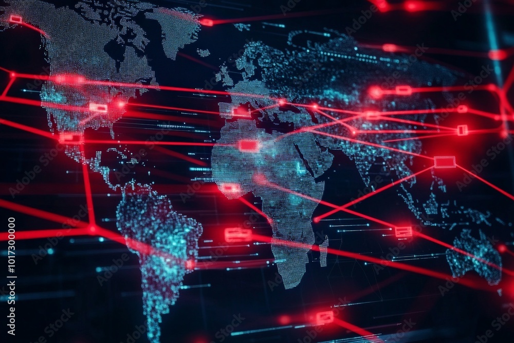 Global cyber attack concept with red lines connecting various points on a digital world map ...