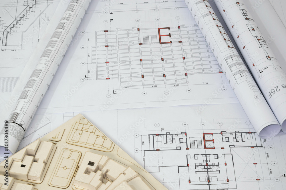 Collection of architectural and construction plans. Rolled structural ...