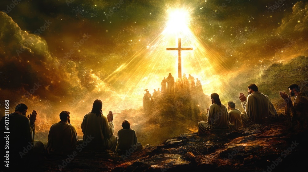 A spiritual scene of Jesus Christ and His disciples in prayer, as light ...