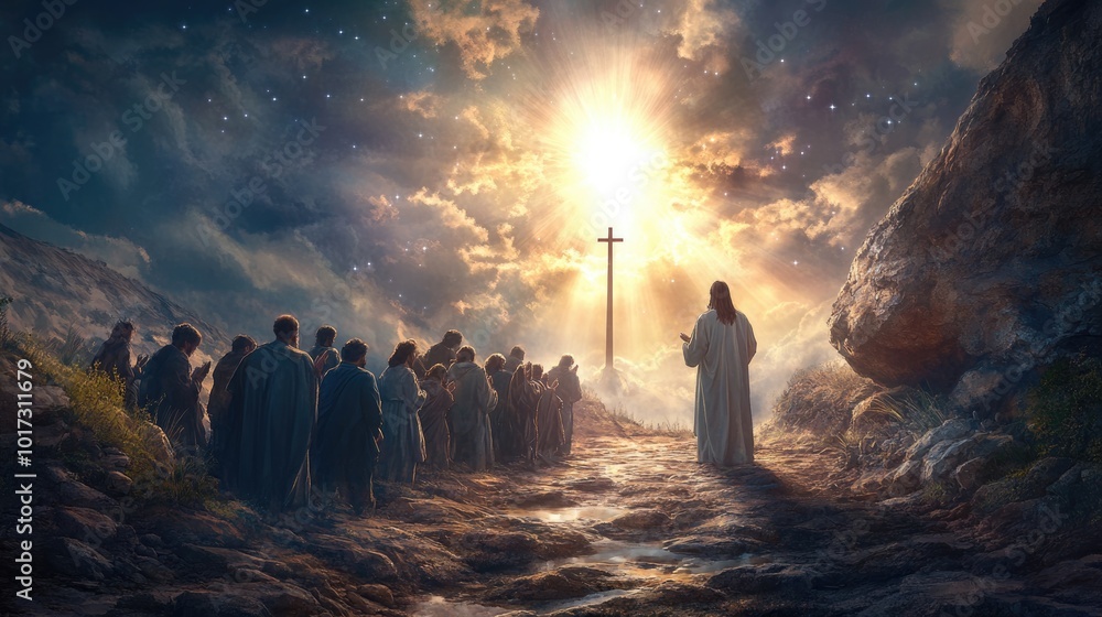Jesus Christ leading His disciples in prayer, as a bright light from ...