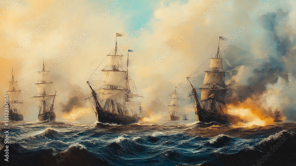 Naval Battle Scene, featuring warships exchanging fire on the ocean ...