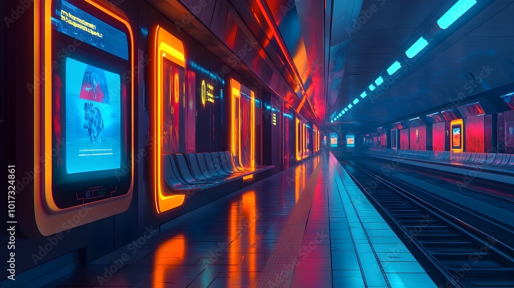 Futuristic subway station interior featuring holographic ticket kiosks ...