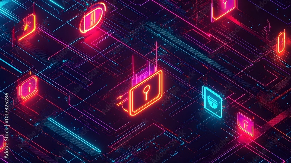 Futuristic Cybersecurity Digital Locks with Neon Circuit Patterns of a modern abstract ...