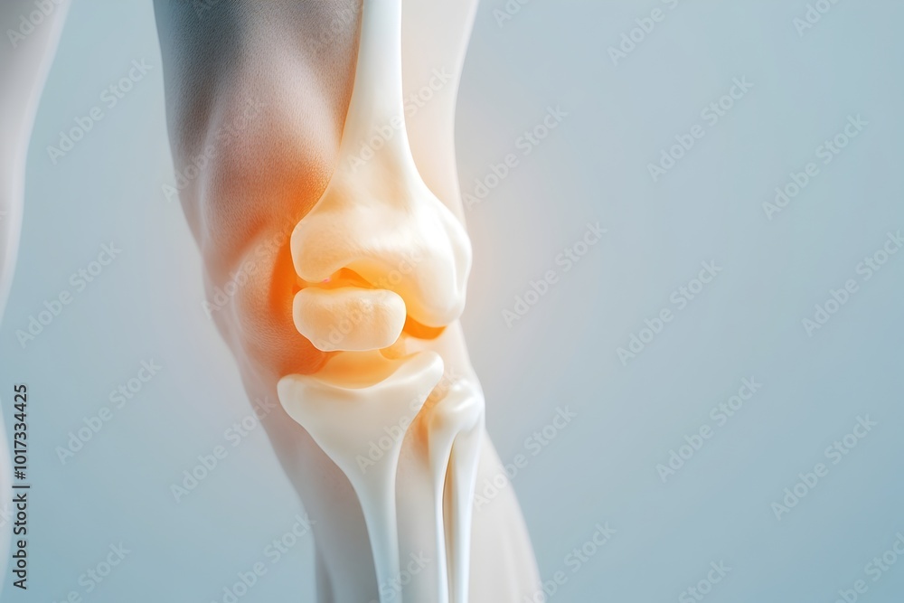 Detailed medical diagram highlighting a young adult athlete's knee with ...