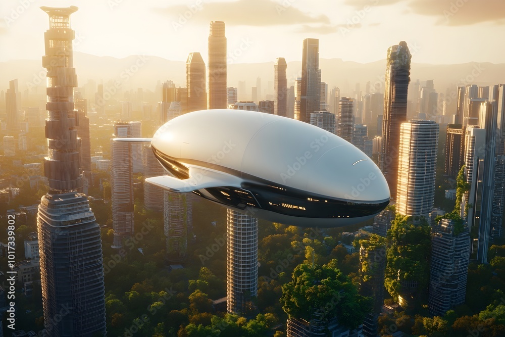 Majestic self driving dirigible airship floating over eco friendly ...