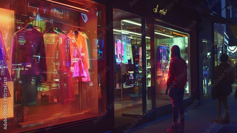 Visionary scene of a smart shopping district with holographic ...