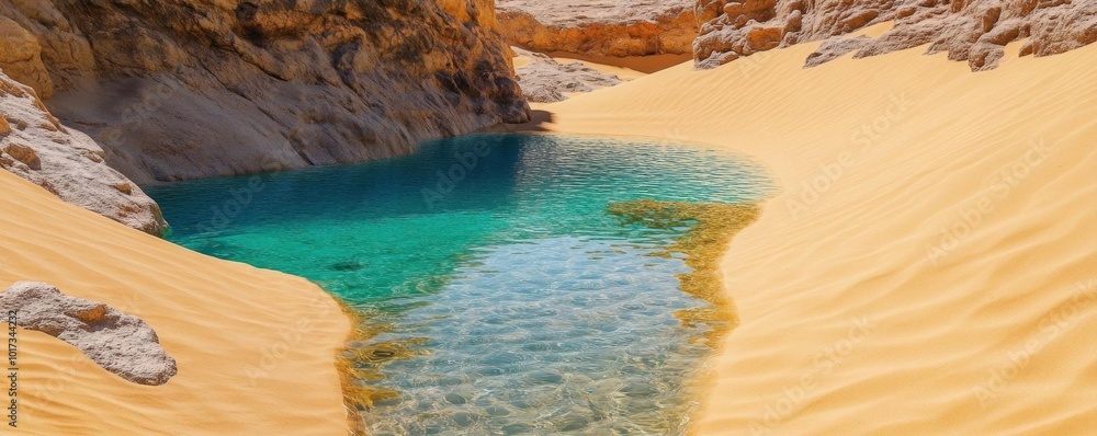 Desert oasis with clear blue water surrounded by sand dunes, desert ...