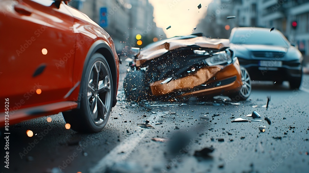 Futuristic car accident scene on a city road with damaged vehicles from ...