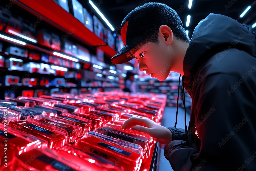 Hyper-realistic image of a person browsing VHS tapes at a video rental ...
