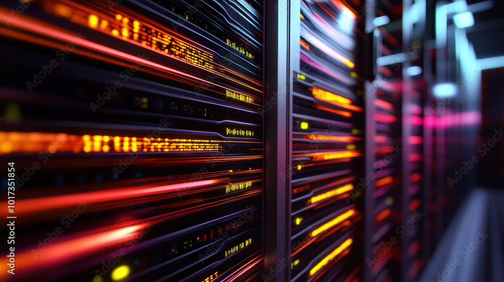Data servers illuminated with vibrant encryption codes create dynamic ...