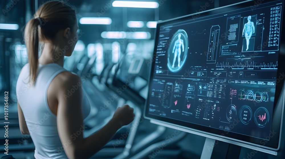 The image depicts a futuristic AI driven personalized fitness setting ...