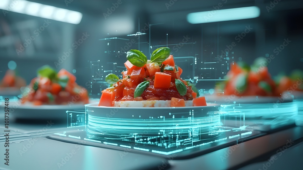 ภาพประกอบสต็อก Cutting edge AI enhanced food photography in a sleek ...