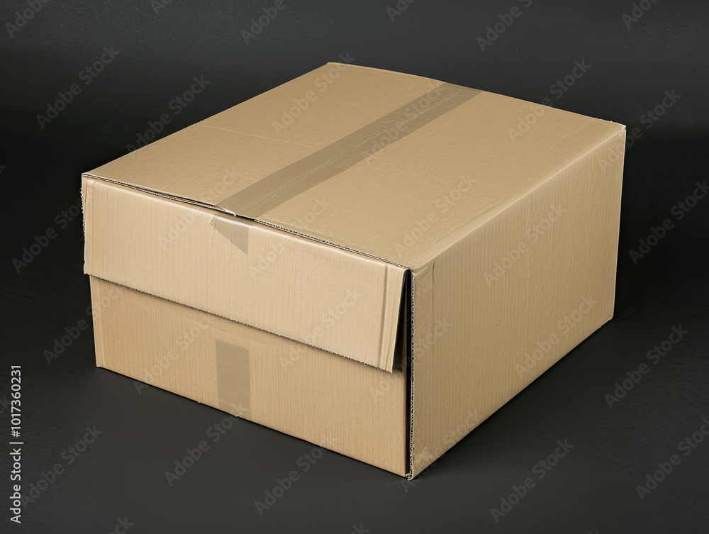 Angled cardboard box with tape marks and folds, soft top-left lighting ...