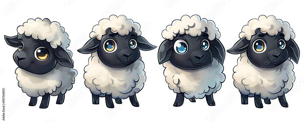 Four cartoon-style sheep with distinct expressions and appearances. All ...