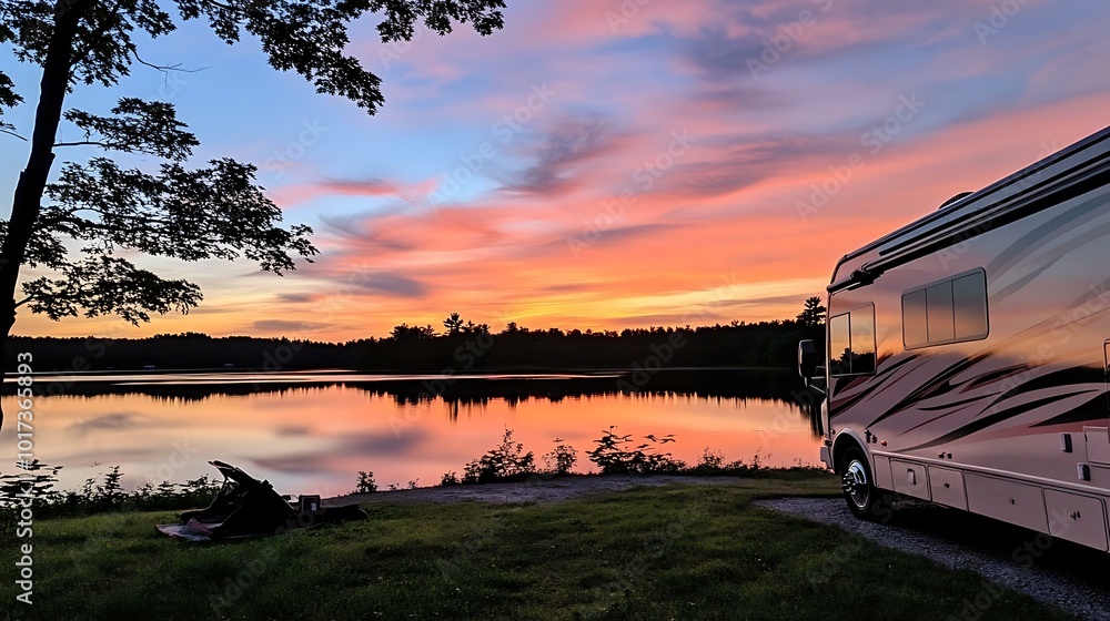Scenic RV camping spot with a Class C motorhome parked near a lake ...