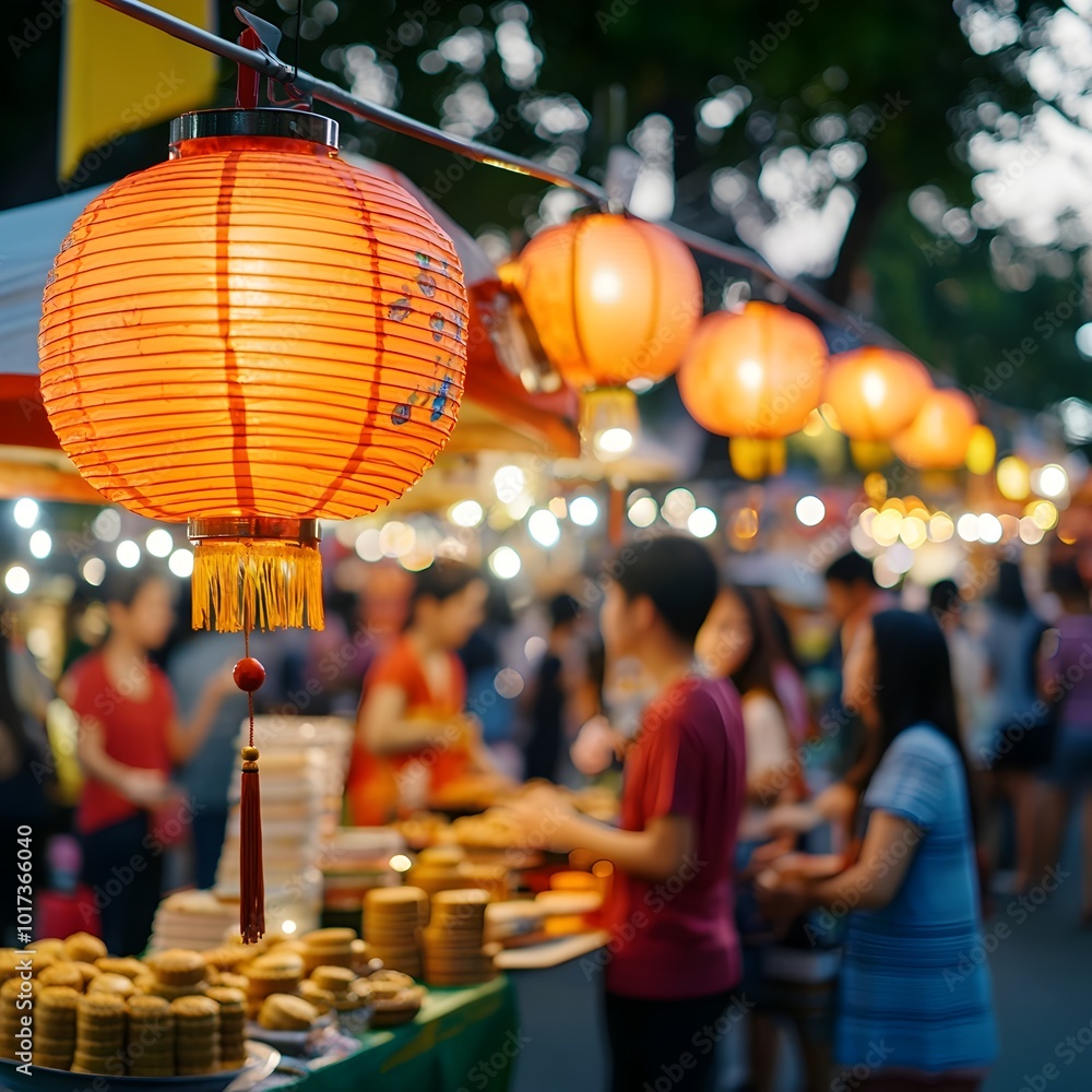 Bustling Mid Autumn Festival night market with hanging paper lanterns ...