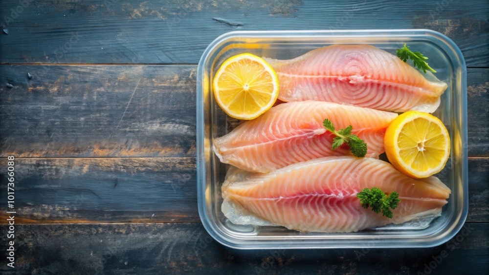 Two raw tilapia fillets in a container soaking in lemon water , tilapia ...