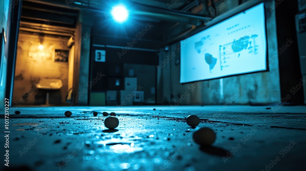 Crime scene in a dimly lit basement, forensic evidence scattered ...