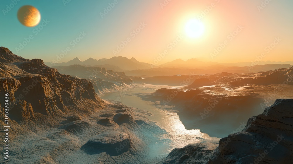 A close-up of the surface of a Super-Earth planet, where towering ...
